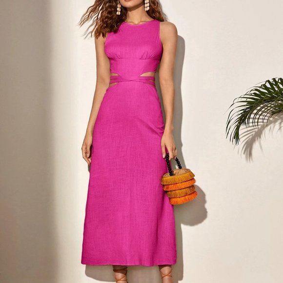 Dresses | Hot Pink Boho Womens Lace Up Backless Solid Dress | Poshmark